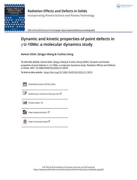 Pdf Dynamic And Kinetic Properties Of Point Defects In γ U 10mo A