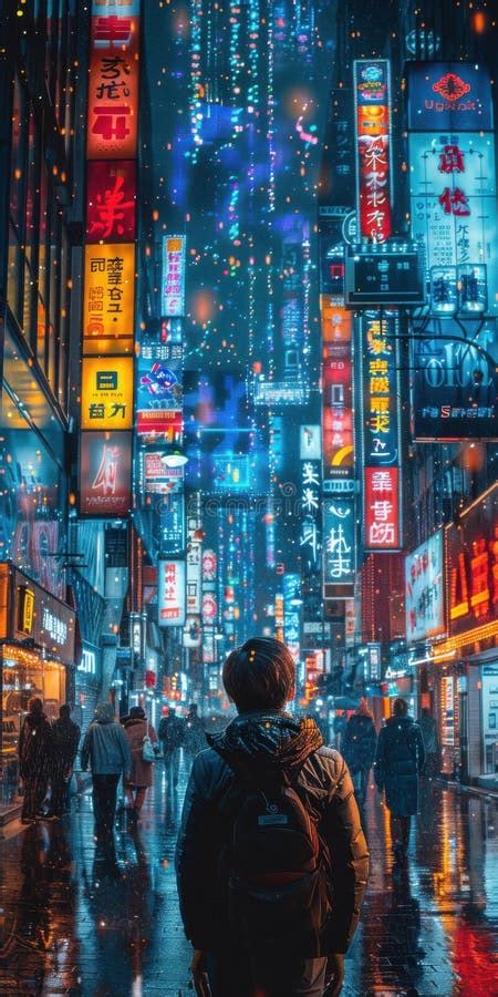 Rainy Night In A Neonlit City Street Immersed In A Vibrant Urban