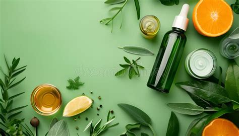 Organic Skin Care Cosmetic Products Natural Plant Ingredients On Green