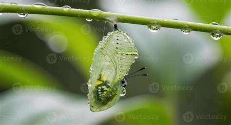 Butterfly Chrysalis Hanging From A Green Stem With Water Droplets