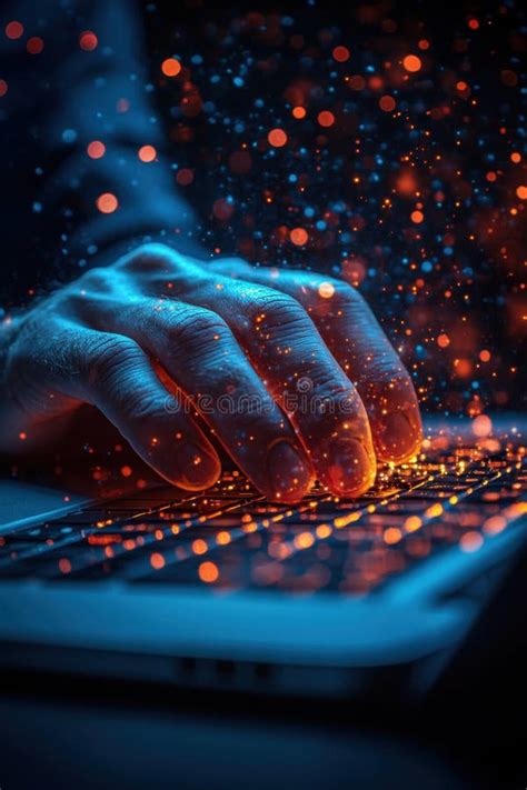 a man s hand typing on a laptop keyboard in a dark room typing on a