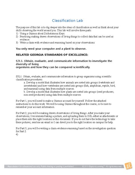 Classification Lab S7l1 And S5l1 Investigating Organism Diversity