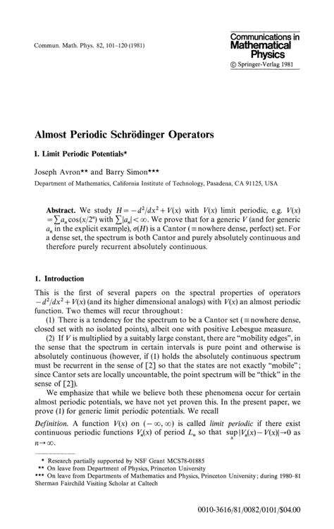Pdf Almost Periodic Schrödinger Operators I Limit Periodic Potentials