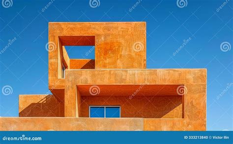 Modern Architecture With Orange Facade Geometric Shapes And Blue Sky