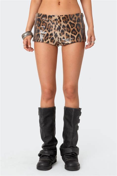 Sequin Leopard Printed Micro Shorts Leopard Print Cheetah Shorts