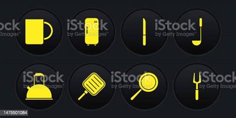 손잡이 주방 국자 프라이팬 칼 냉장고 바베큐 포크 및 커피 컵 아이콘이있는 주전자를 설정하십시오 벡터 가정 생활에 대한 스톡 벡터 아트 및 기타 이미지 Istock