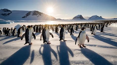 Majestic King Penguins Colony At Sunrise In Antarctica Stock