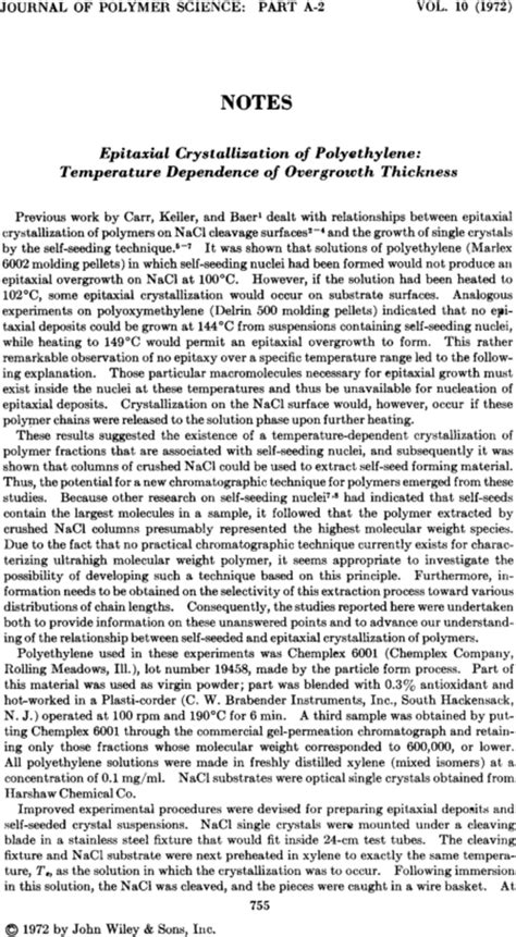 Epitaxial Crystallization Of Polyethylene Temperature Dependence Of Overgrowth Thickness Carr