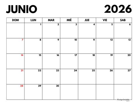 Calendario Junio 2026 Gratis Para Imprimir Y Rellenar