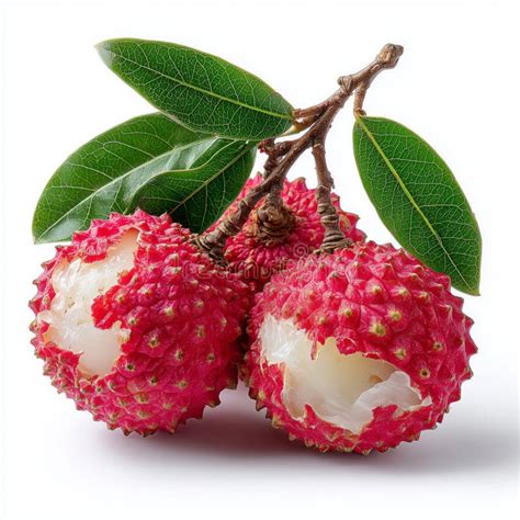 Fresh Lychee Fruit With Vibrant Red Skin And Green Leaves On A White
