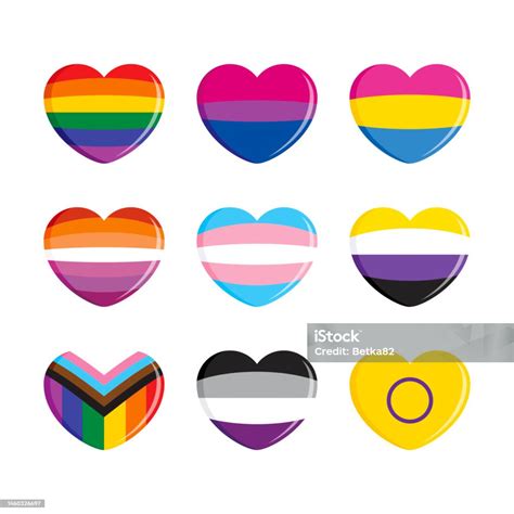 다른 성적 정체성 Lgbt 프라이드 플래그 하트 모양 아이콘 세트 벡터 프로그레스 프라이드 깃발에 대한 스톡 벡터 아트 및 기타