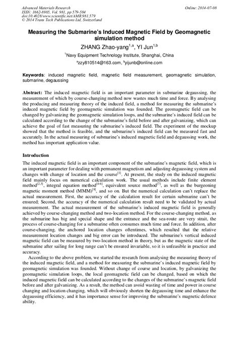 Measuring The Submarines Induced Magnetic Field By Geomagnetic Simulation Method Scientific Net