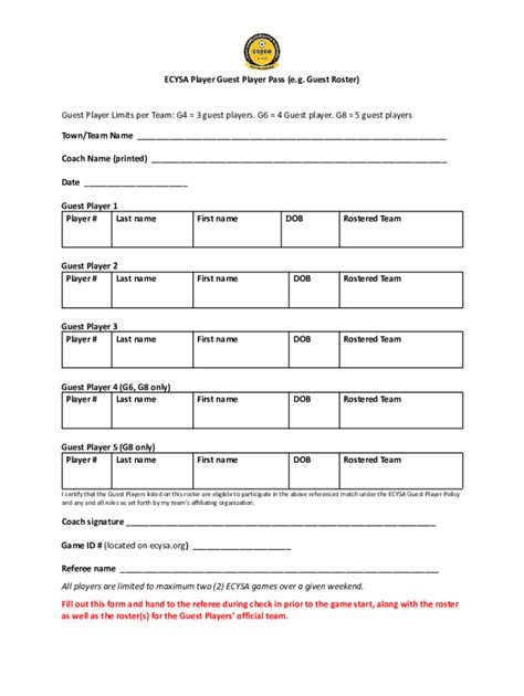 Fillable Online Ecysa Player Guest Player Pass Eg Guest Roster Fax Email Print Pdffiller