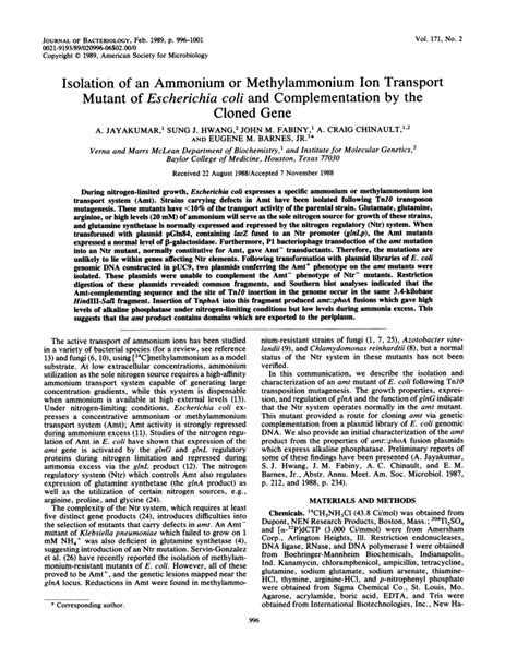 Pdf Isolation Of An Ammonium Or Methylammonium Ion Transport Mutant