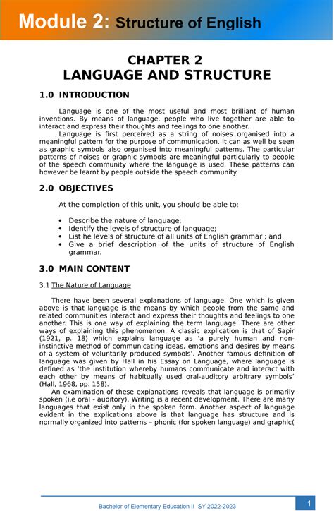 Structure Of Eng Module 2 Chapter 2 Language And Structure 1 Introduction Language Is One Of