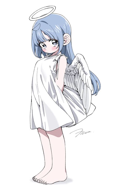 Safebooru 1girl Angel Angel Wings Arms Behind Back Barefoot Blue Eyes