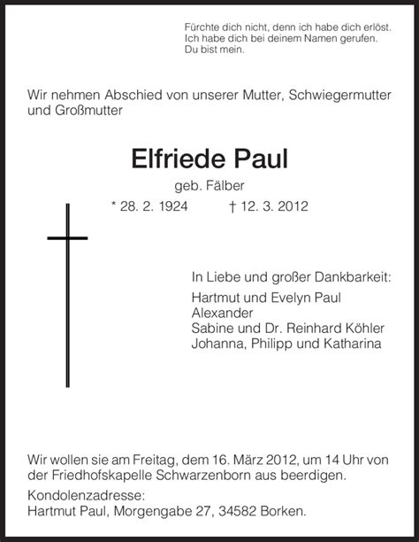 Traueranzeigen Von Elfriede Paul Trauerhnade