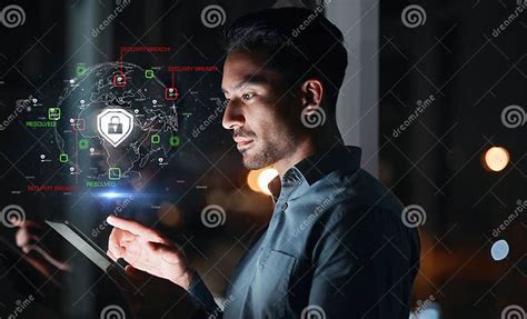 Cyber Security Hacker Man And Tablet With Hologram And Safety Lock Icon For Network