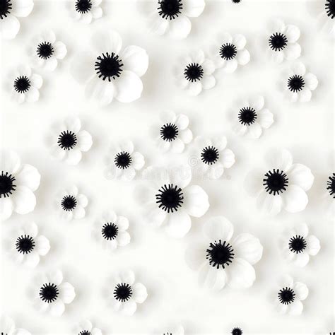 A Delicate Pattern Of White Anemones With Dark Centers On A Pale Gray