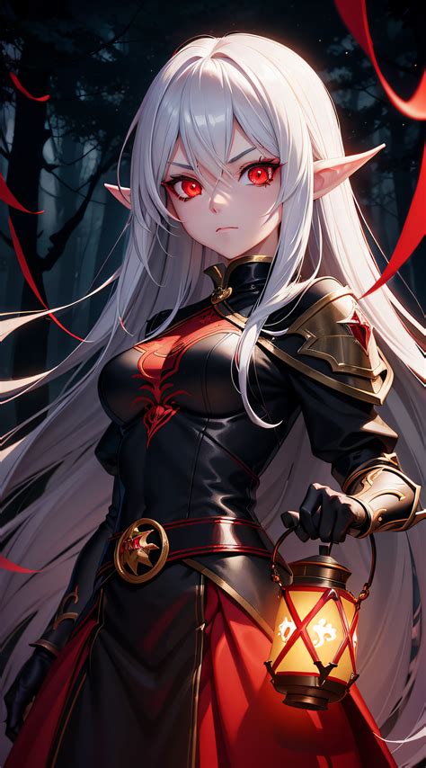 Anime Girl With Red Eyes Holding A Glowing Lantern In A Dark Forest