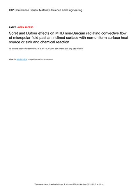 Pdf Soret And Dufour Effects On Mhd Non Darcian Radiating Convective Flow Of Micropolar Fluid