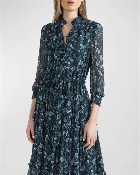 Shoshanna Grant Tiered Floral Print Chiffon Midi Dress Neiman Marcus