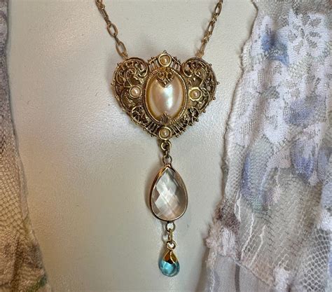 Victorian Style Heart Shaped Gold Pendant Pin Brooch Jewelry With Faux