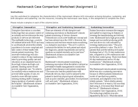 A1 Hackensack Case Comparison Worksheet Disruptive Vs Sustaining