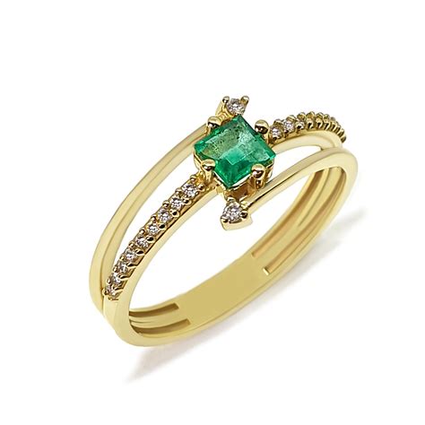 Anel Flowing Ouro 18k Diamantes Esmeralda Quadrada Yves