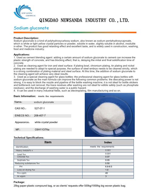 Sodium Gluconate Tds Pdf Sodium Concrete
