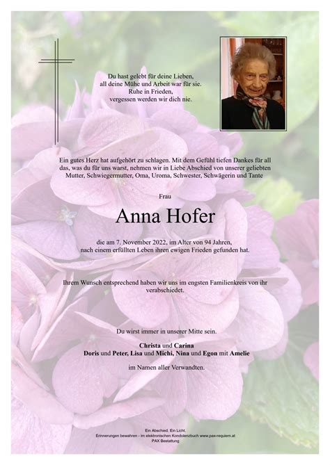 Anna Hofer Kerze Anzünden Und Kondolieren Gedenkseite