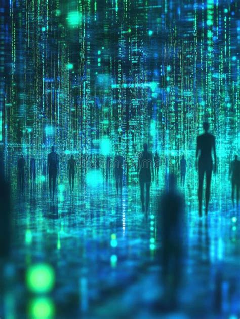 Futuristic Digital Landscape With Human Silhouettes Surrounded By Floating Matrix Code In A