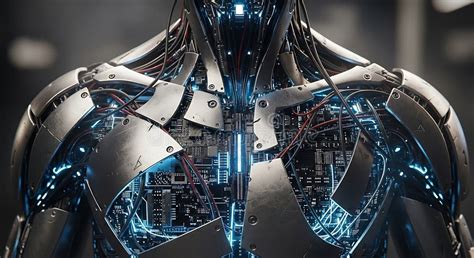 Detailed View Of A Futuristic Robot Torso Showcasing Intricate Wiring And Circuit Boards Stock