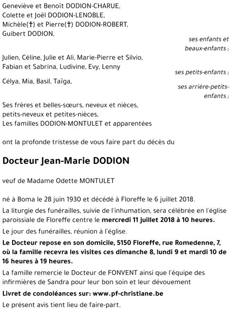 Avis De Décès De Jean Marie Dodion Décédé Le 06 07 2018 à Floreffe Annonce Condoléances
