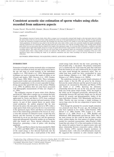 Pdf Consistent Acoustic Size Estimation Of Sperm Whales Using Clicks Recorded From Unknown Aspects