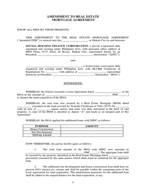 Amendment To Real Estate Mortgage Agreement Pdf Mortgage Loan Loans