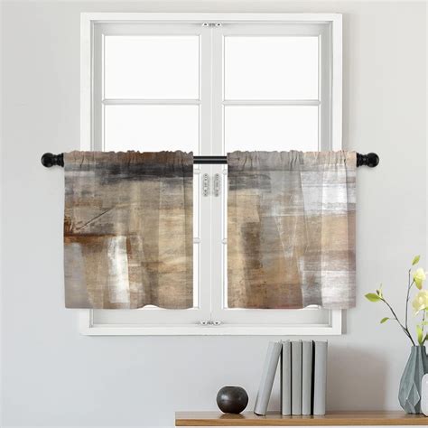 Dxynlzq Brown Beige Abstract Art Kitchen Valances Half Window Curtain