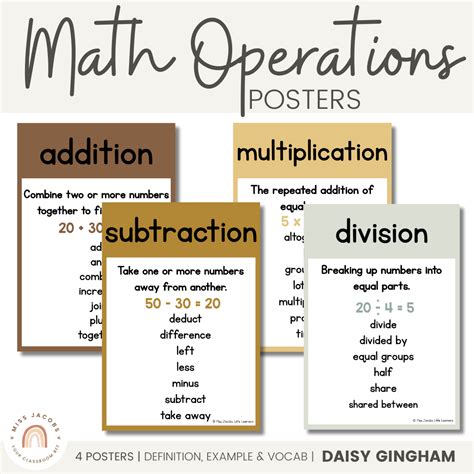 Math Operations Posters Daisy Gingham Neutrals Math Classroom Decor