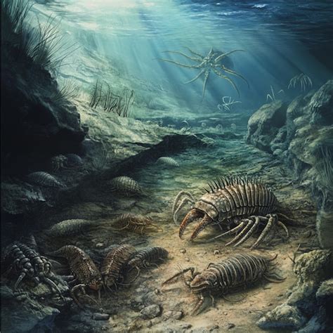Visual Of An Ordovician Period Underwater Scene With Diverse Trilobites