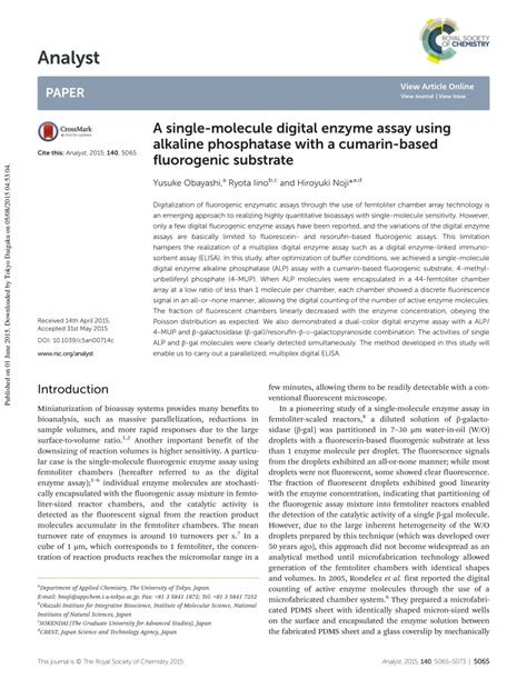 Pdf A Single Molecule Digital Enzyme Assay Using Alkaline Phosphatase With A Cumarin Based