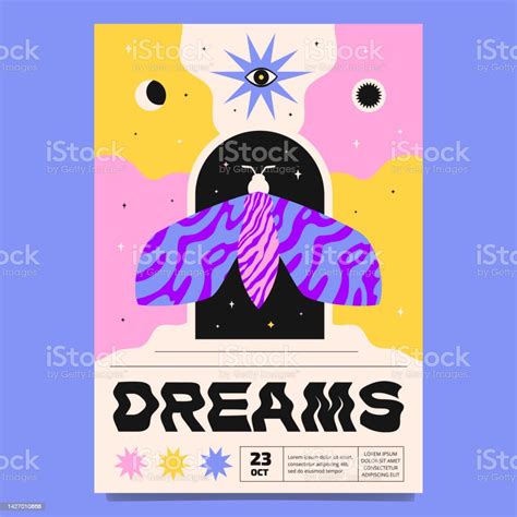 아치의 배경에 날으는 나방이있는 현대적인 미래 지향적 인 포스터 템플릿 창조적 인 생생한 샘플 과학에 대한 스톡 벡터 아트 및