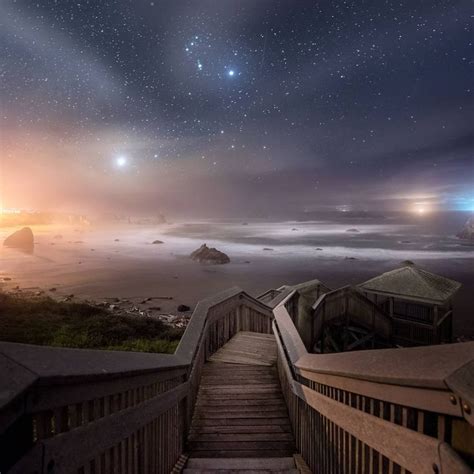 Starry Night Stairs To Beach Abandoned Lighthouse Nature Seaside