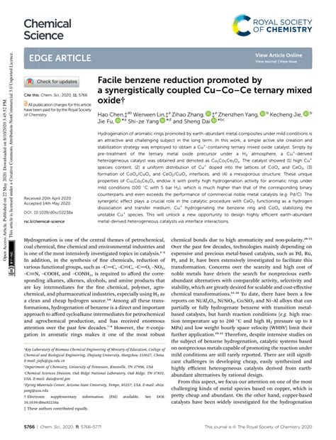 Pdf Facile Benzene Reduction Promoted By A Synergistically Coupled Cu