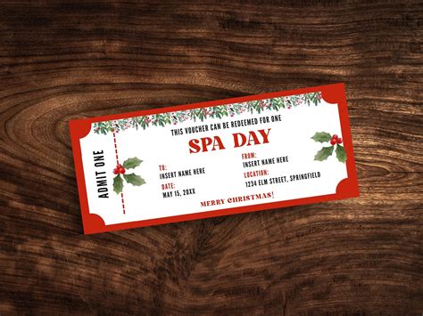 Editable Spa Day Coupon Printable Spa Holiday Ticket Voucher Custom