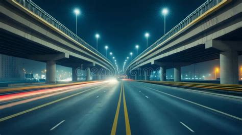 Urban Highway Overpass At Night With Motion Blur Creating Light Trails