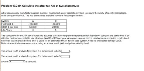 Solved Problem 17 049 Calculate The After Tax Aw Of Two Alternatives A
