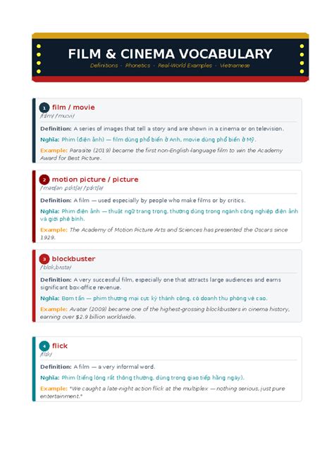 Film And Cinema Vocabulary Definitions Phonetics Examples Studocu