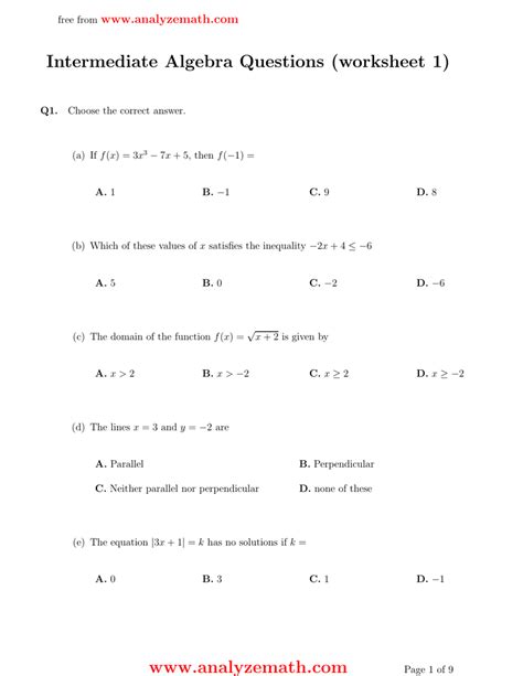 Free Intermediate Algebra Worksheet Download Free Intermediate Algebra