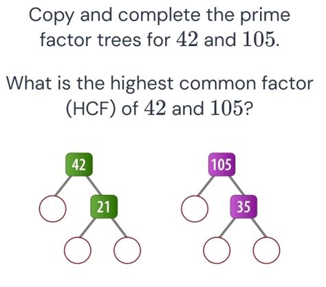 Solved Copy And Complete The Prime Factor Trees For 42 And 105 What Is The Highest Common Fact