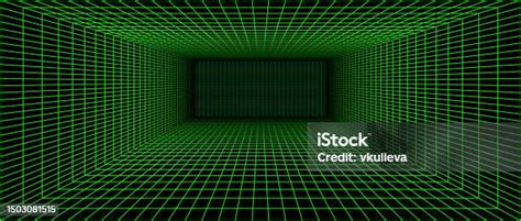 네온 그린 와이어프레임 그리드 룸 3d 원근감 배경입니다 미래 지향적인 디지털 개요 공간 기하학적 치수 디자인 벡터 템플릿 그림 3차원 형태에 대한 스톡 벡터 아트 및 기타